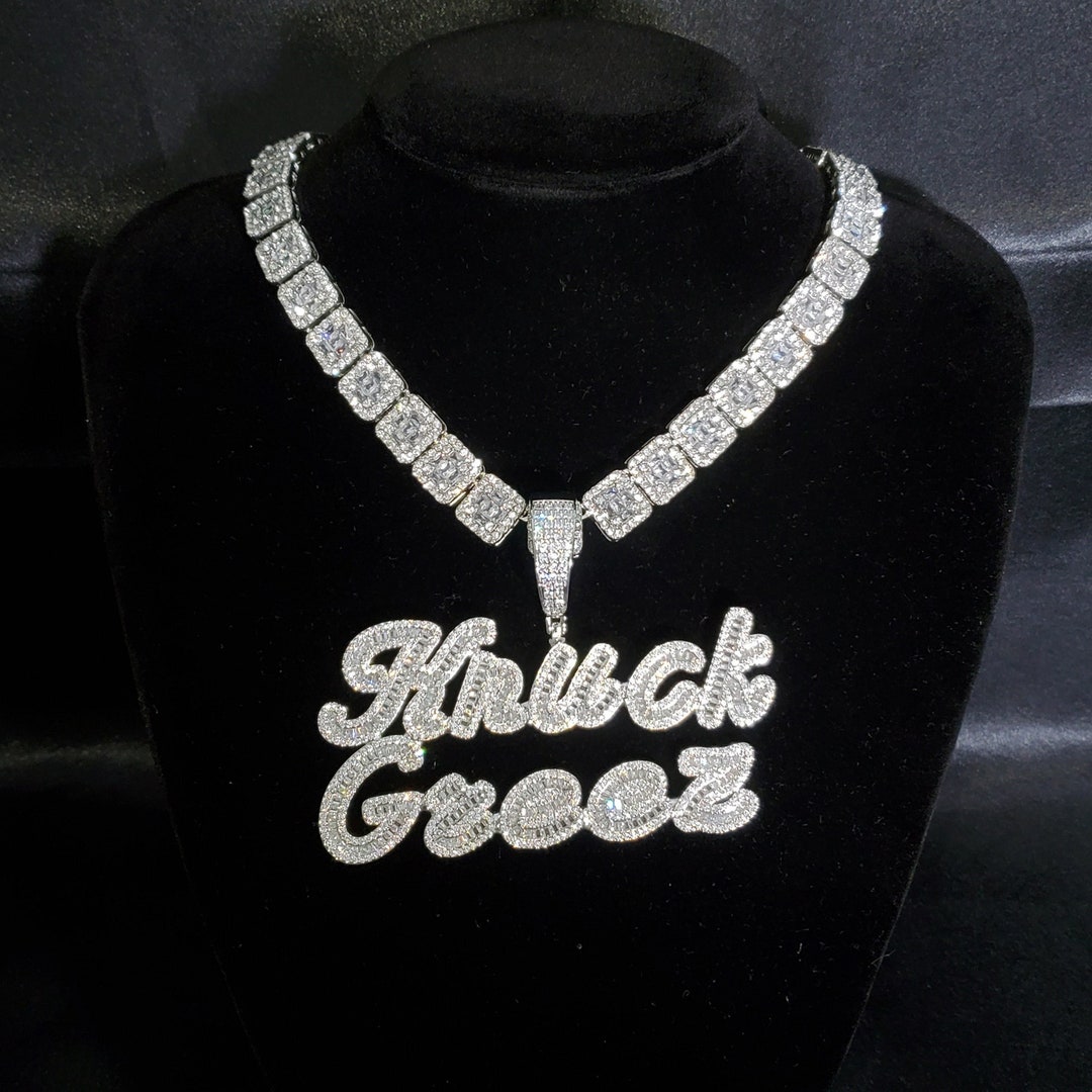 CUSTOM Baguette Script Letters Pendant With Luxury Big Bling Chain,name ...