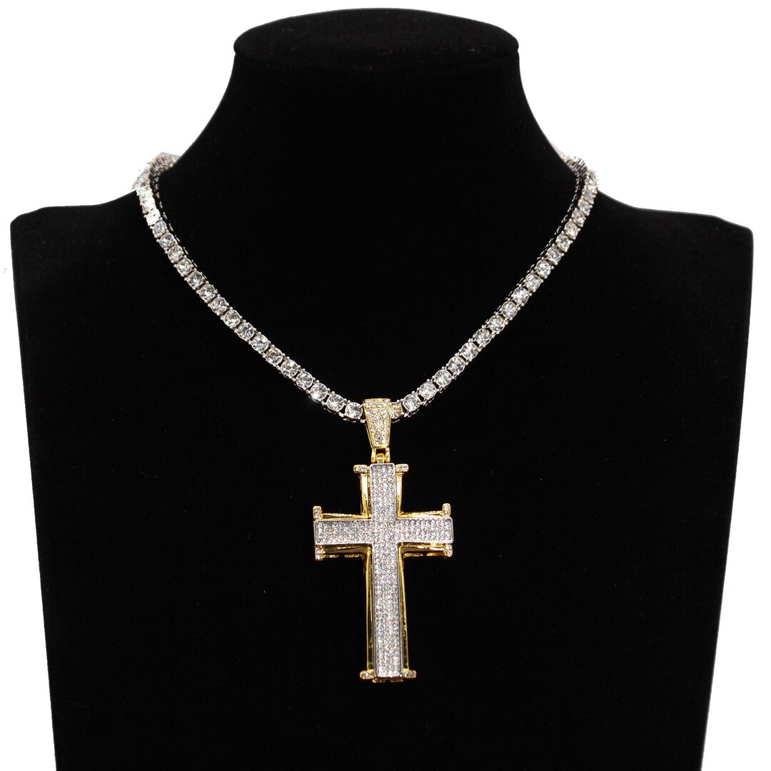 Big Size Cross Pendant With Gold&silver Double Tones, Unisex Bling Hip ...
