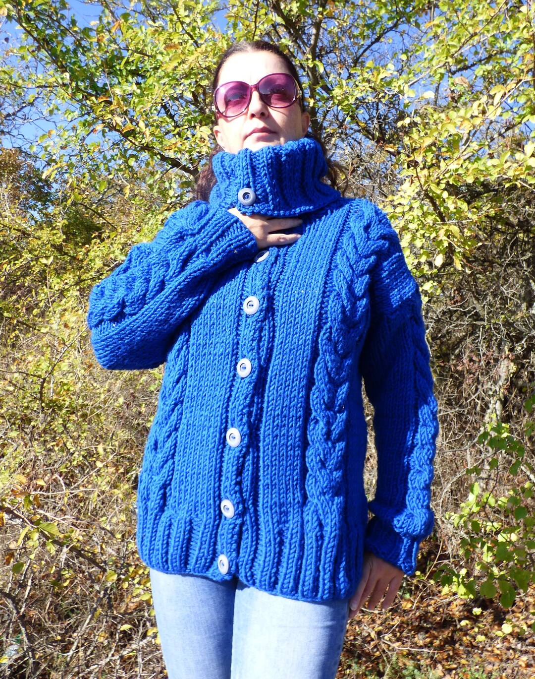 Hand Knit Wool Cardigan Handmade Cable Thick Sweater Wool Soft Vest ...