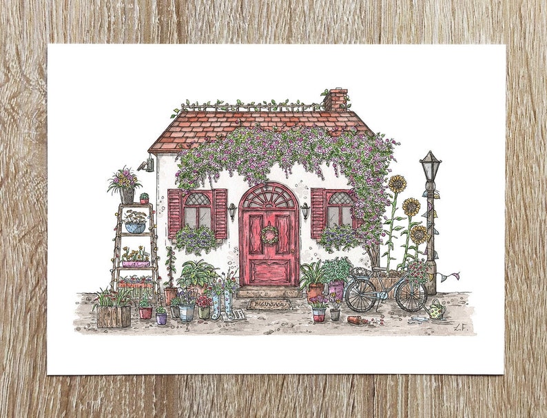 Flower Cottage Art Print, Floral House Illustration, Pen and ...