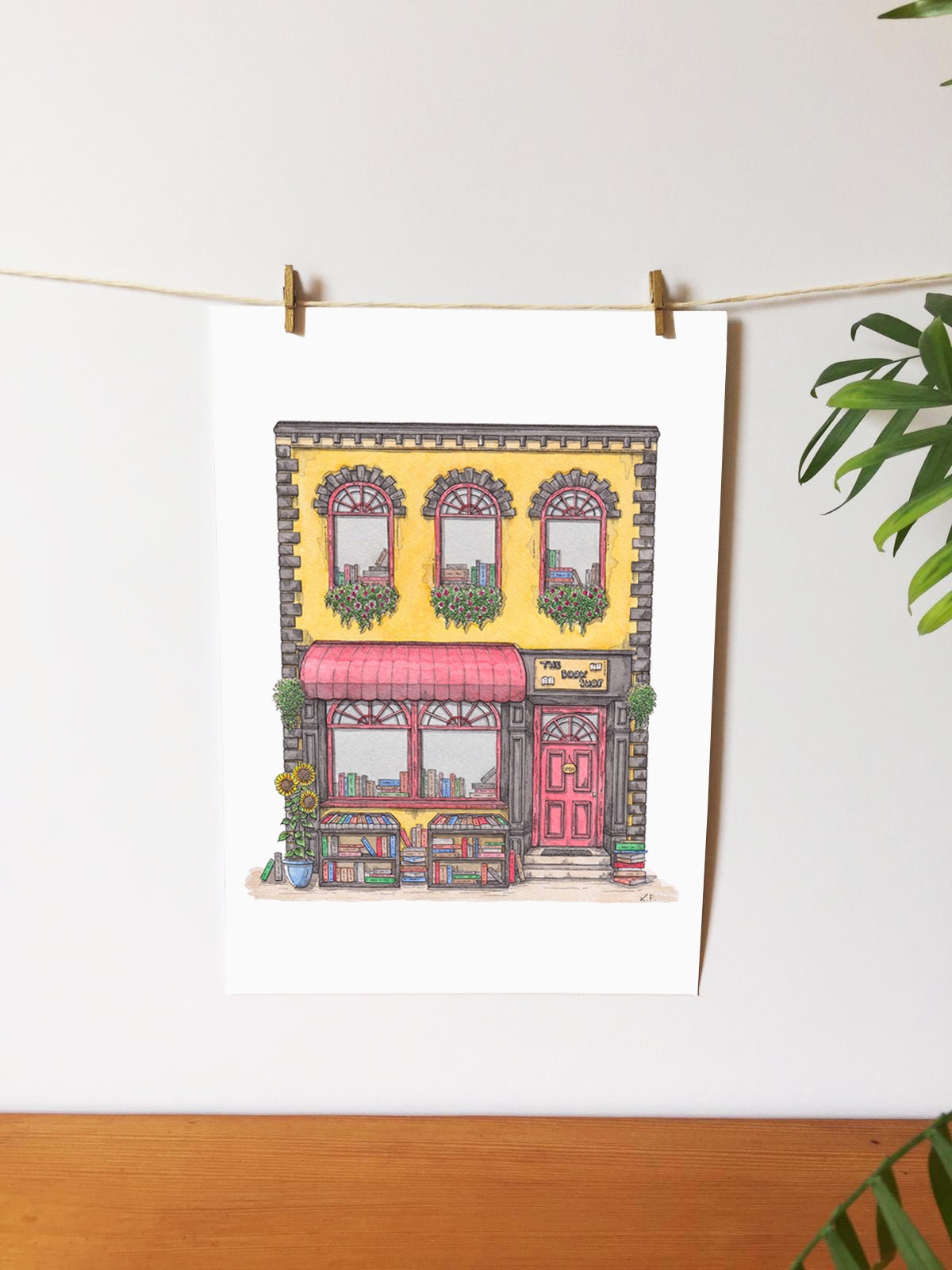 Colourful Book Shop Art Print, Yellow Book Store Facade Illustration ...