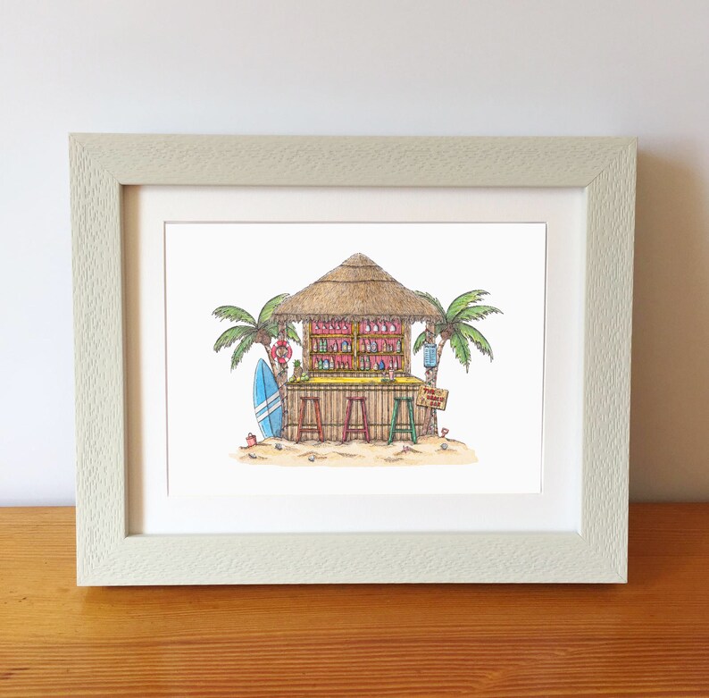 Tropical Beach Bar Art Print, Colourful Pen and Watercolour ...