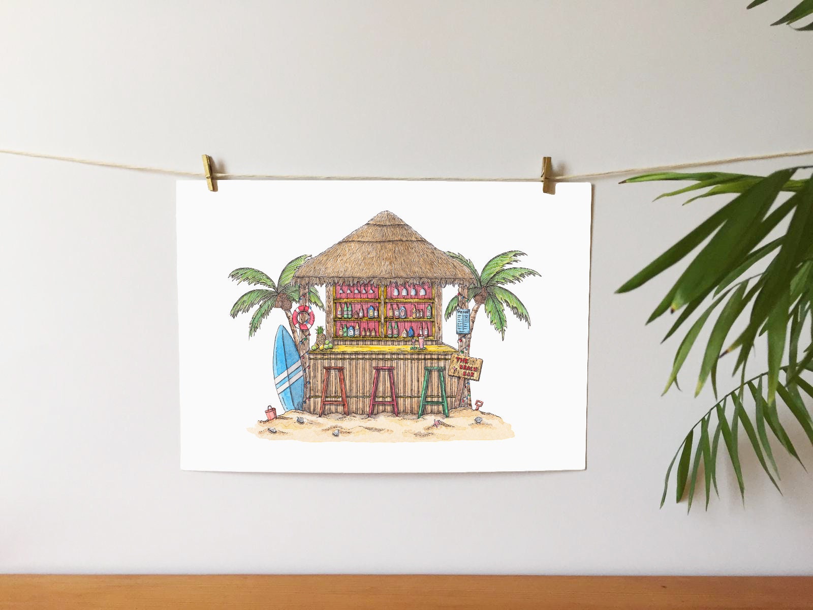 Tropical Beach Bar Art Print, Colourful Pen and Watercolour ...