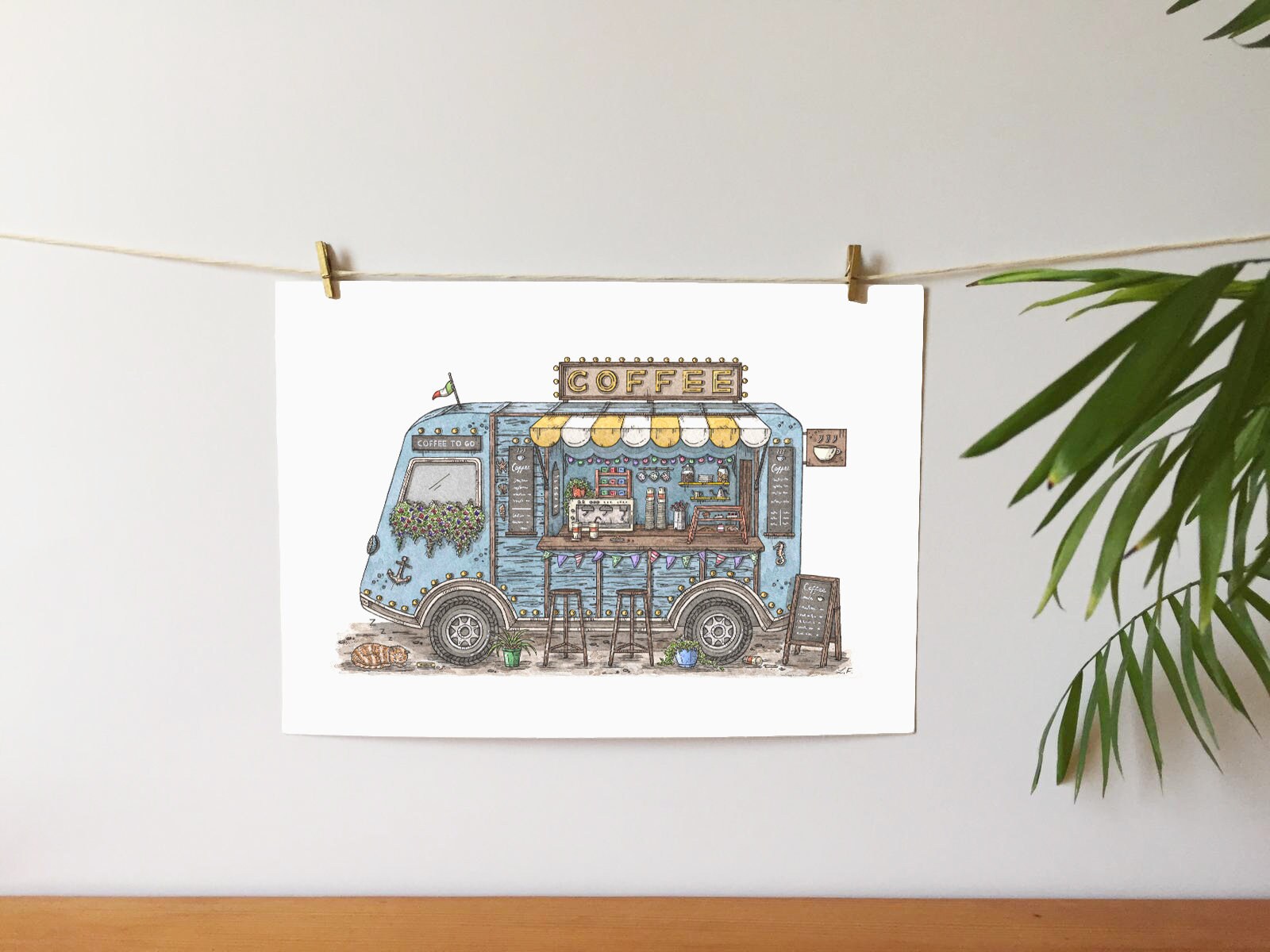 Coffee Van Art Print, Coffee Truck Illustration, Colourful Pen and ...