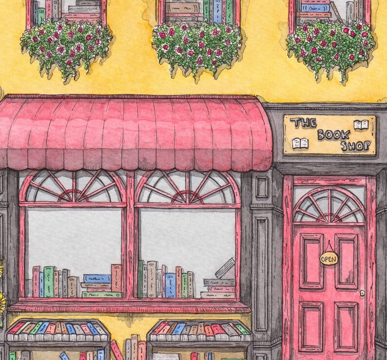 Colourful Book Shop Art Print, Yellow Book Store Facade Illustration ...