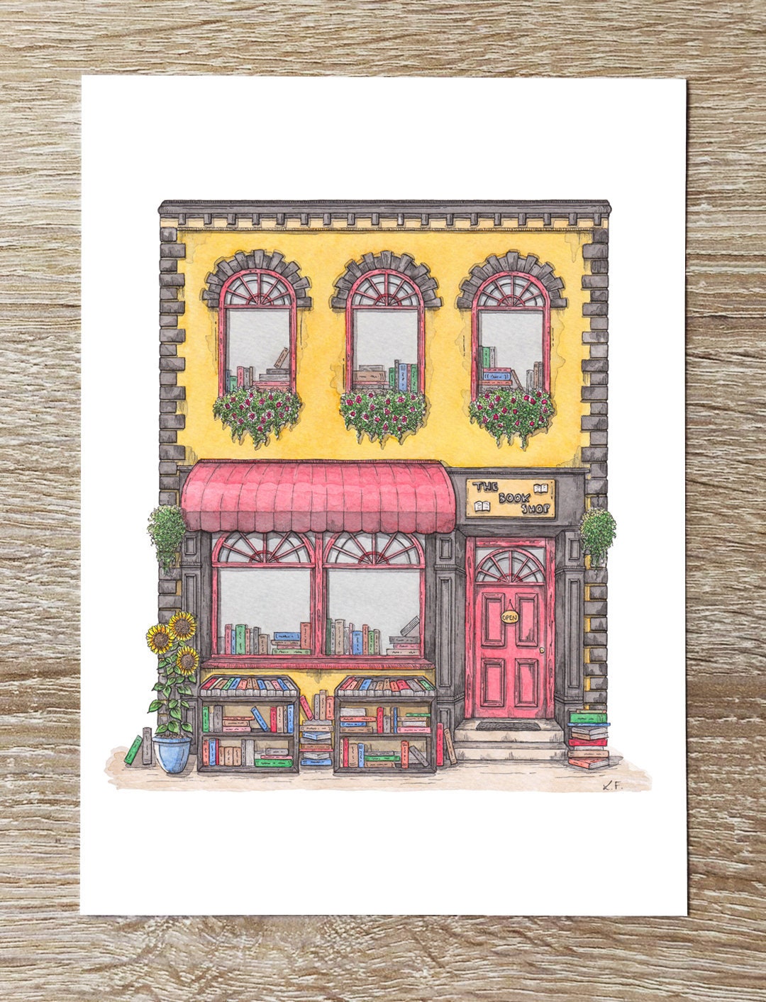 Colourful Book Shop Art Print, Yellow Book Store Facade Illustration ...