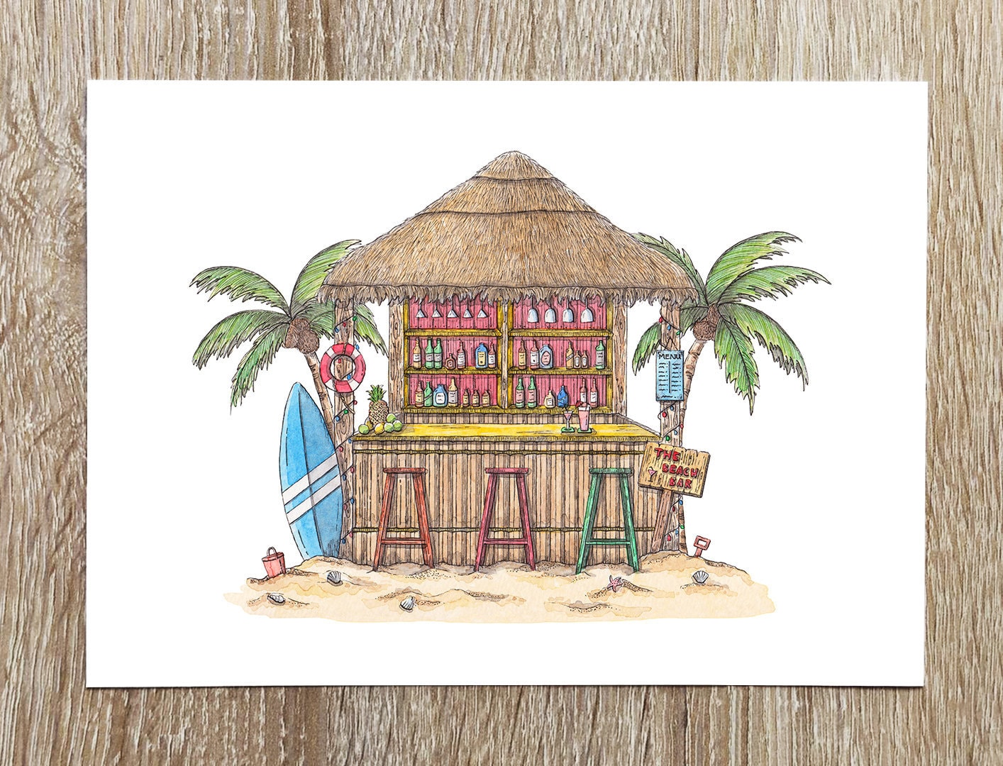 Tropical Beach Bar Art Print, Colourful Pen and Watercolour ...