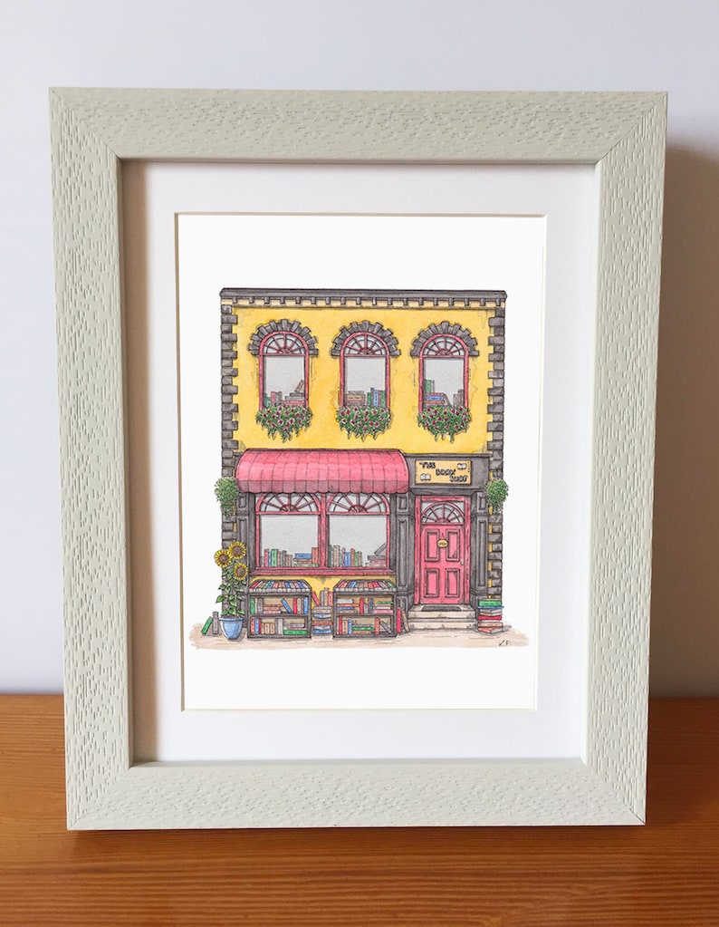 Colourful Book Shop Art Print, Yellow Book Store Facade Illustration ...