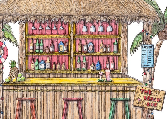 Beach Bar Painting Beach Scene Triptych Wall Art Rolled Canvas