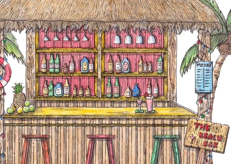 Tropical Beach Bar Art Print, Colourful Pen and Watercolour ...
