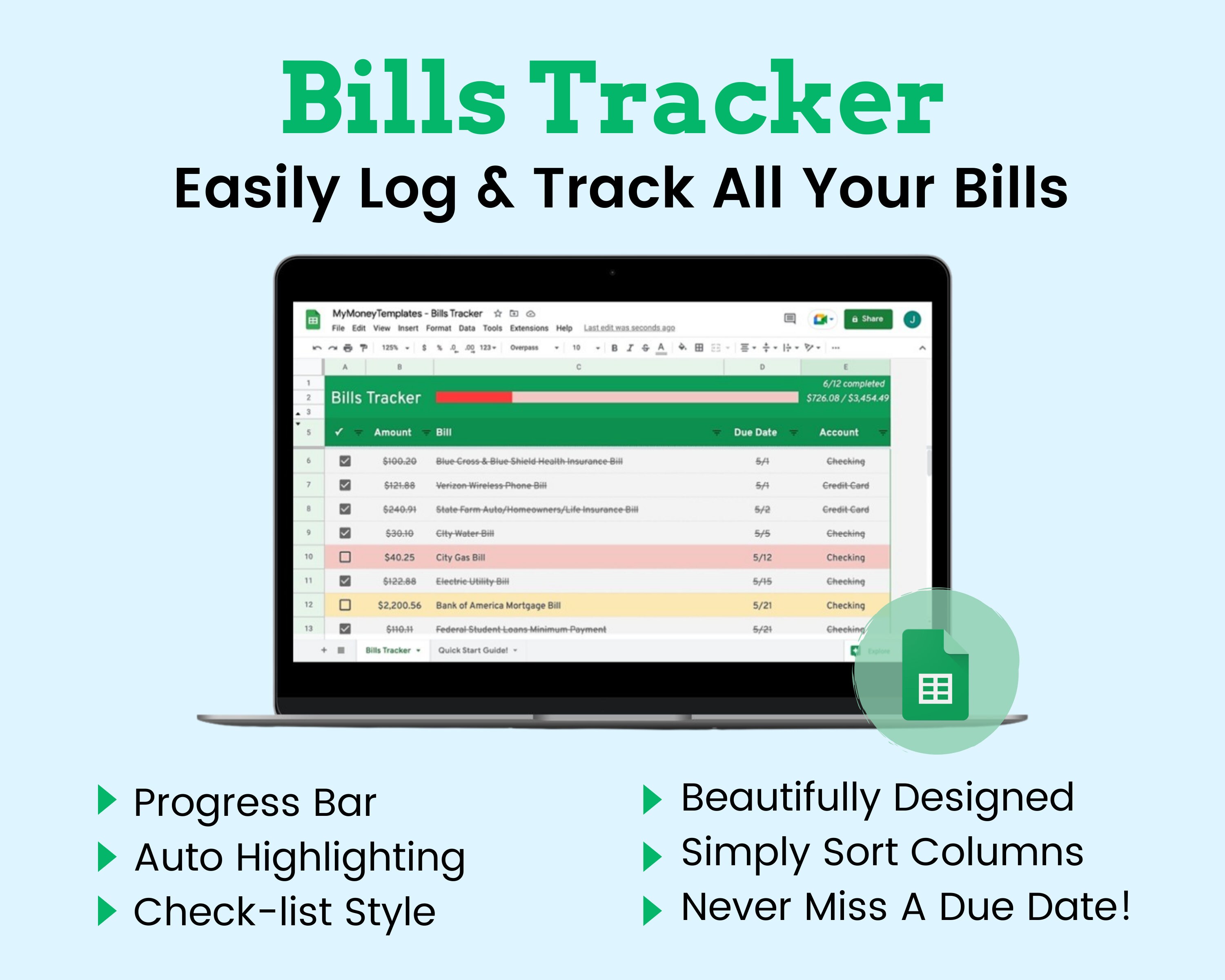 Bills Tracker - Google Sheets Template - Log & Track Expenses - Etsy