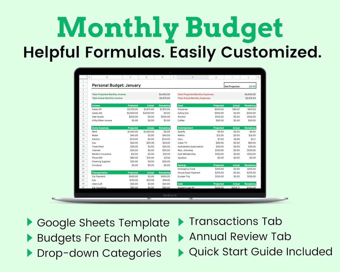 Monthly Budget - Spreadsheet Template for Google Sheets - Etsy