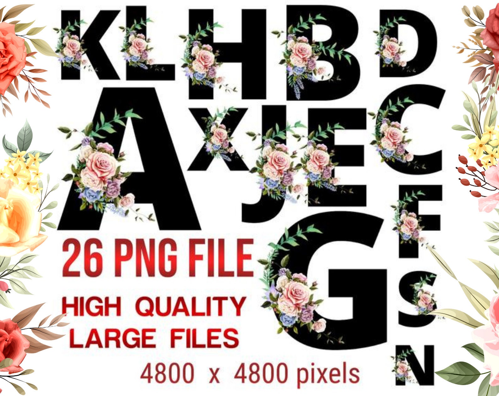 Watercolor Floral Alphabet Clipart Alphabet Print Floral - Etsy