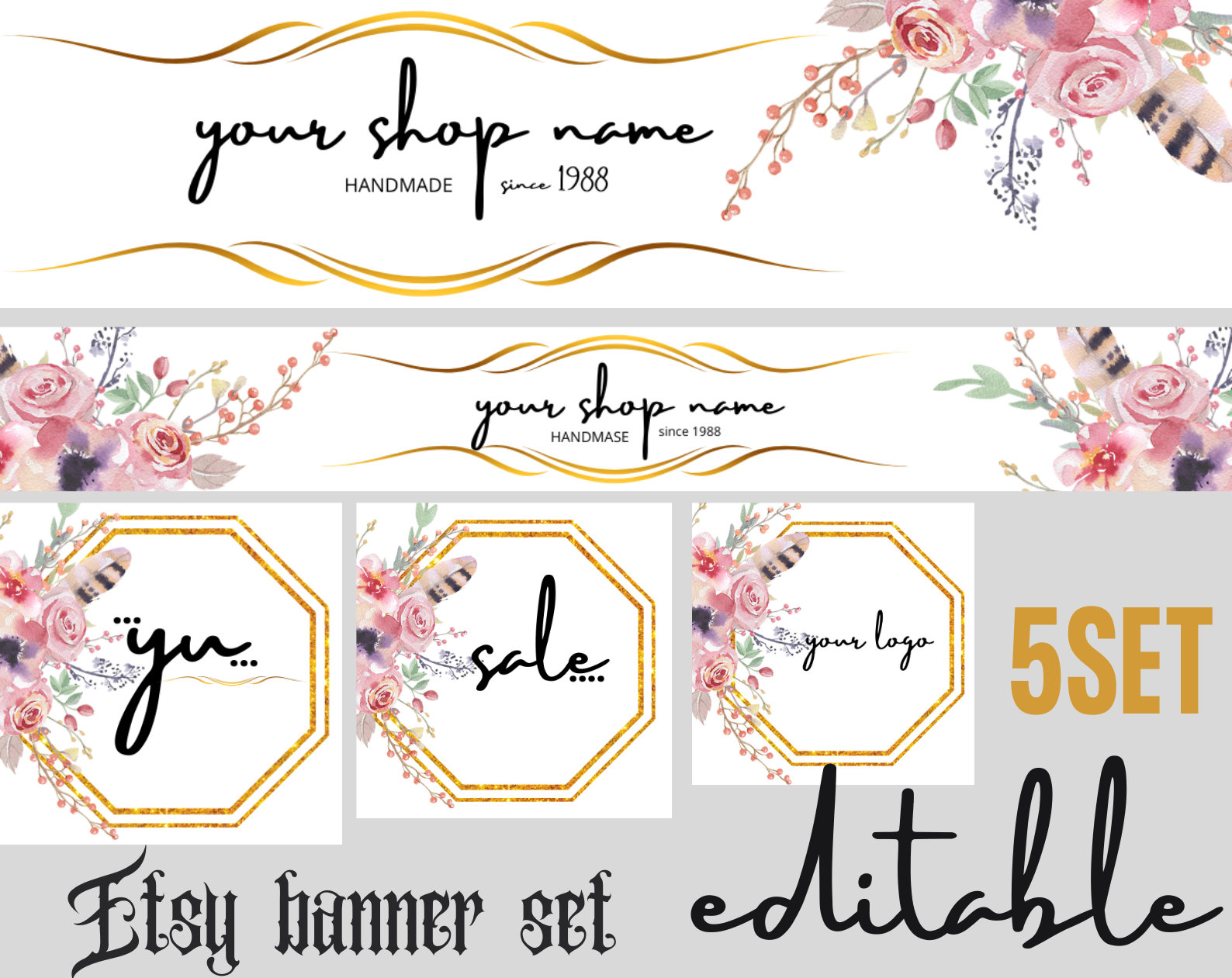Etsy Banner Set, Floral Banner, Customised Banner, Etsy Shop Banner Set ...