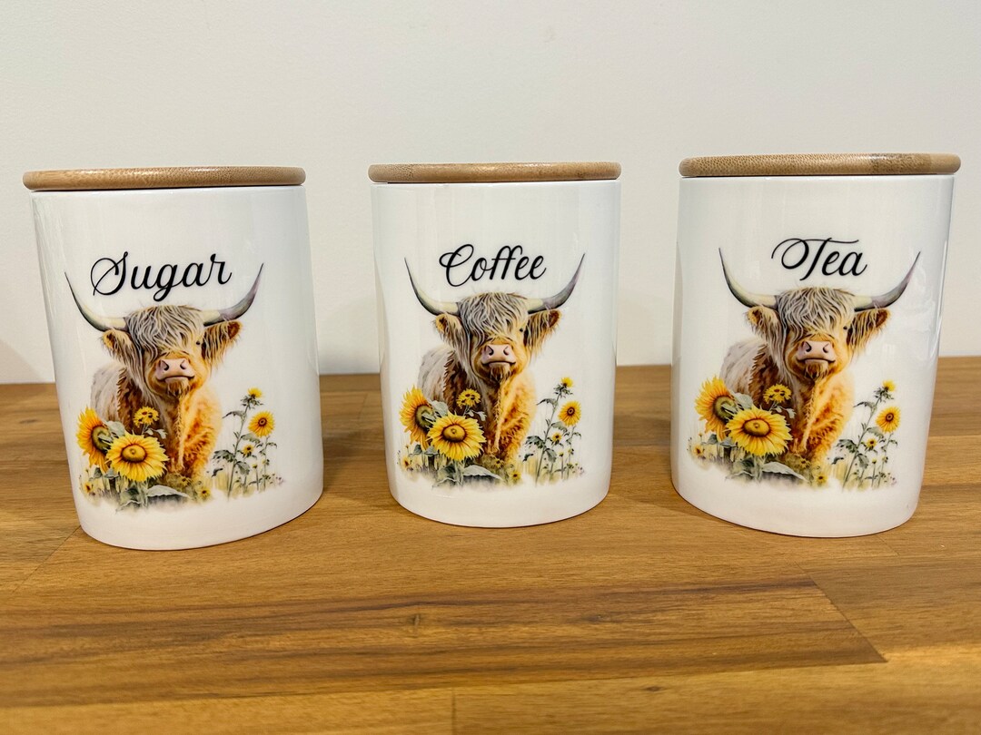 Country Storage Canisters - Sunflower Highland Cow, Tea, Coffee, Sugar ...