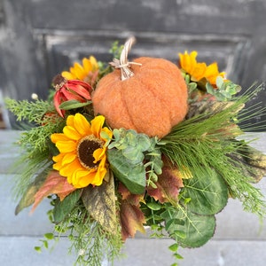 Rustic Fall Sunflower Arrangement With Faux Wool Pumpkin and ...