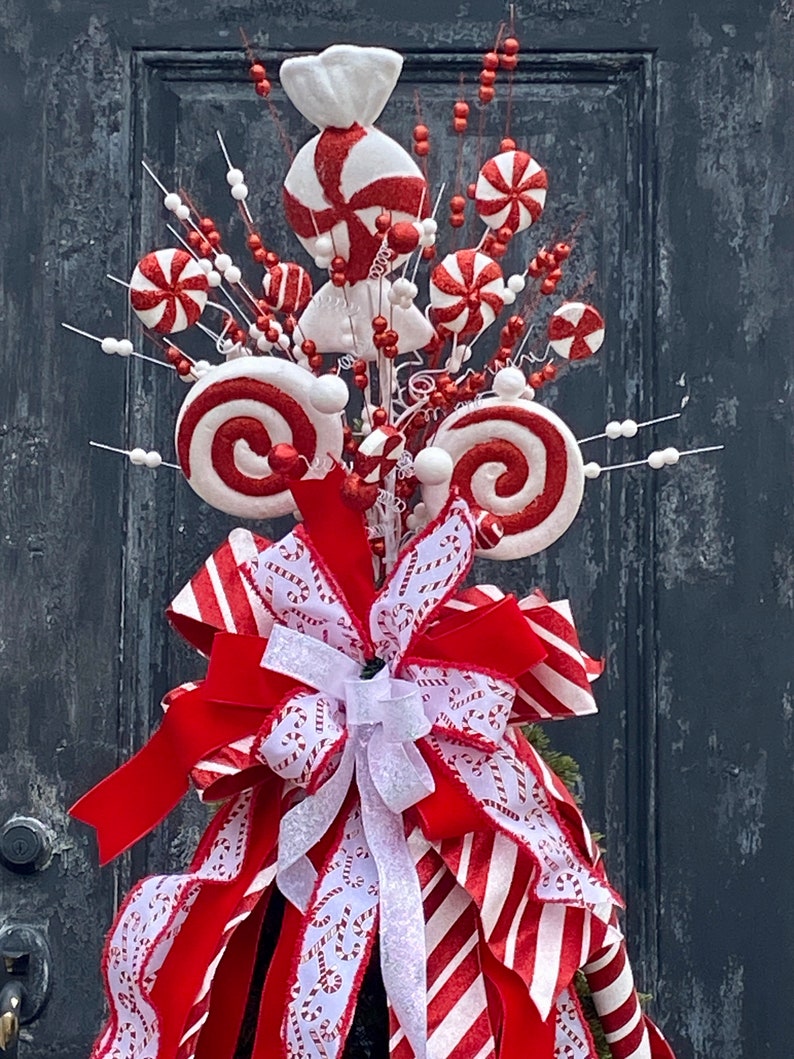 Candy Cane Themed Christmas Tree Topper With XL Bow Whimsical - Etsy