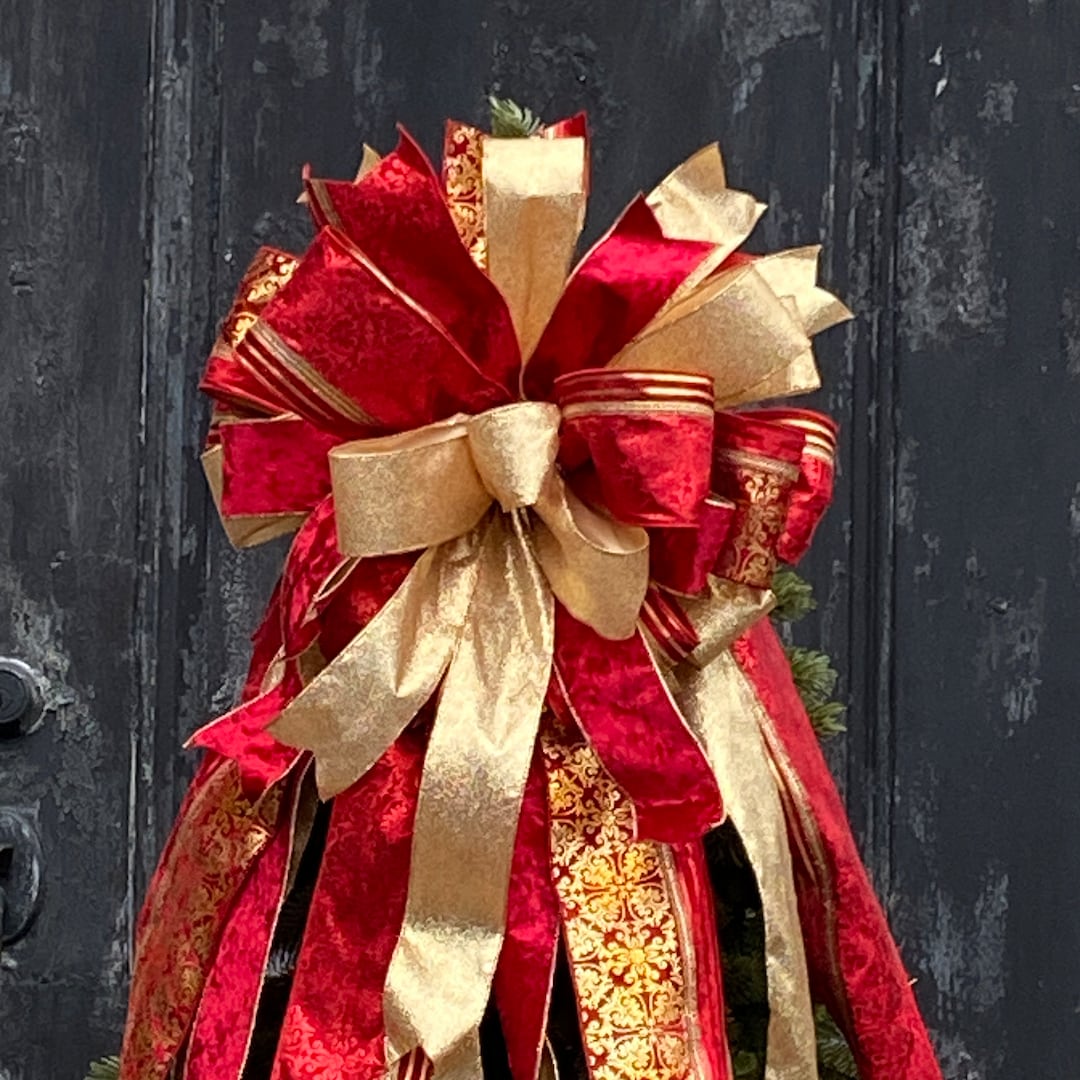 XL Red and Gold Damask Velvet Tree Topper Bow for Christmas Tree ...