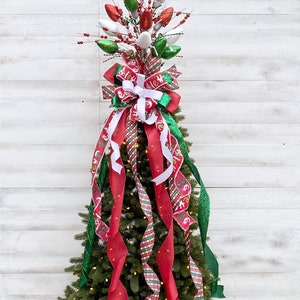 Red, White, and Green Christmas Light Themed Tree Topper With Bow ...