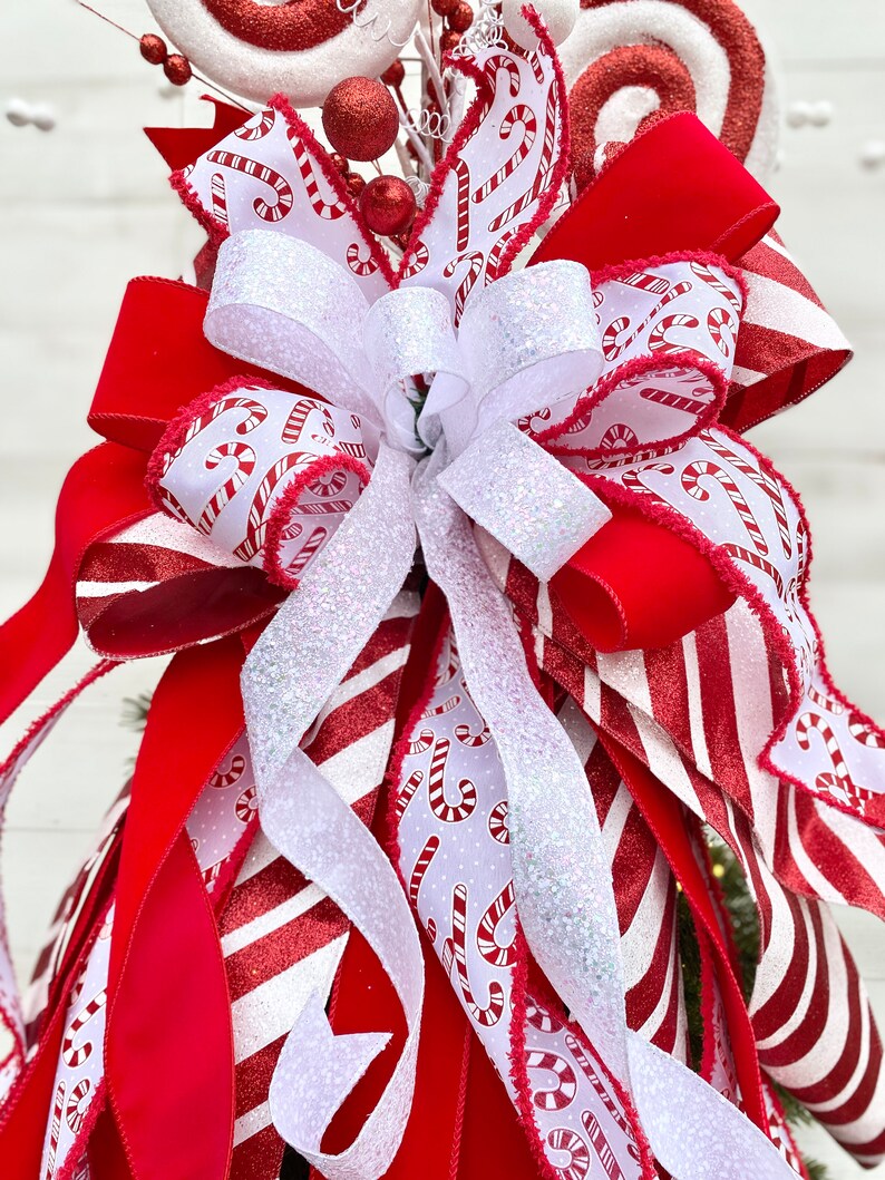 Candy Cane Themed Christmas Tree Topper With XL Bow Whimsical - Etsy