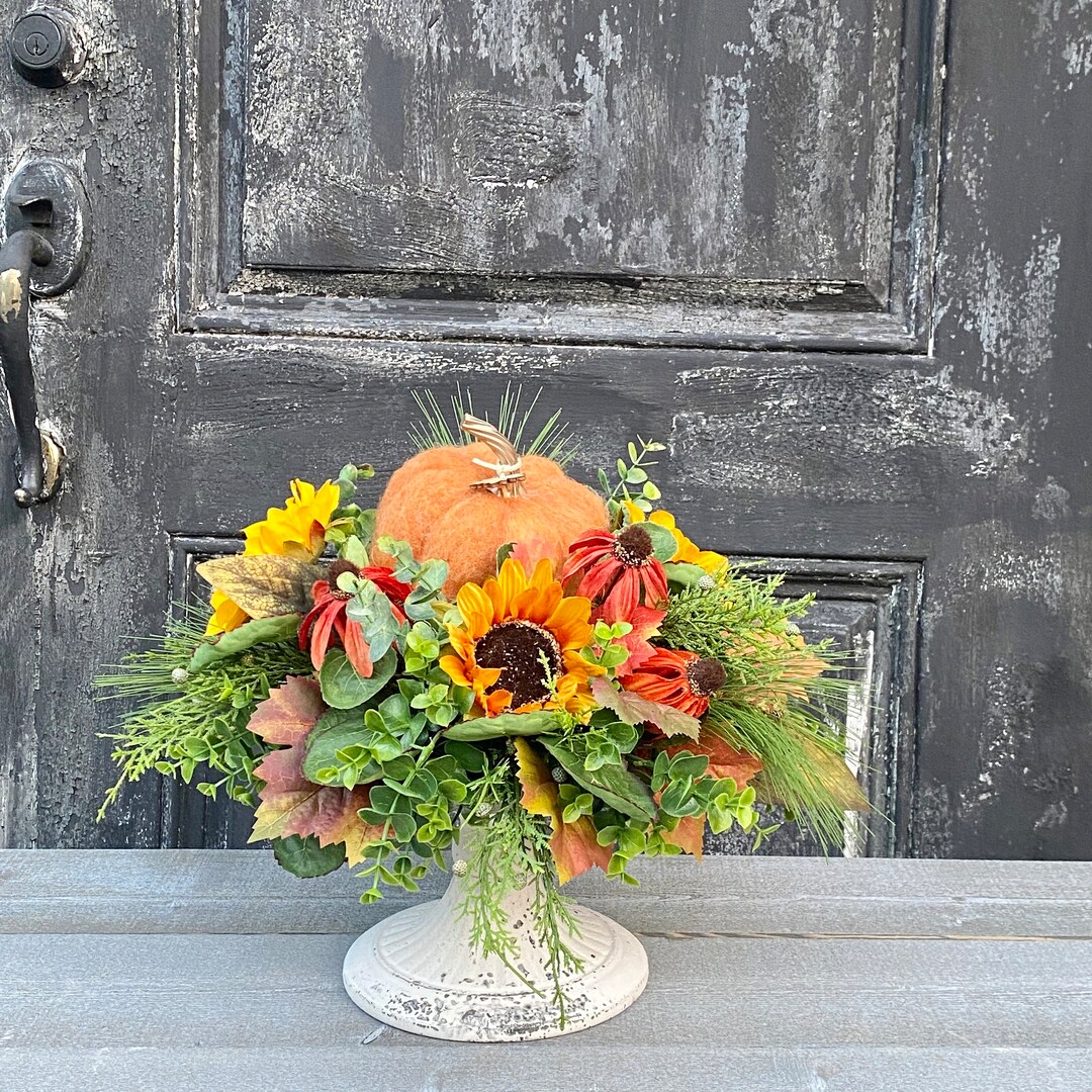 Rustic Fall Sunflower Arrangement With Faux Wool Pumpkin and ...
