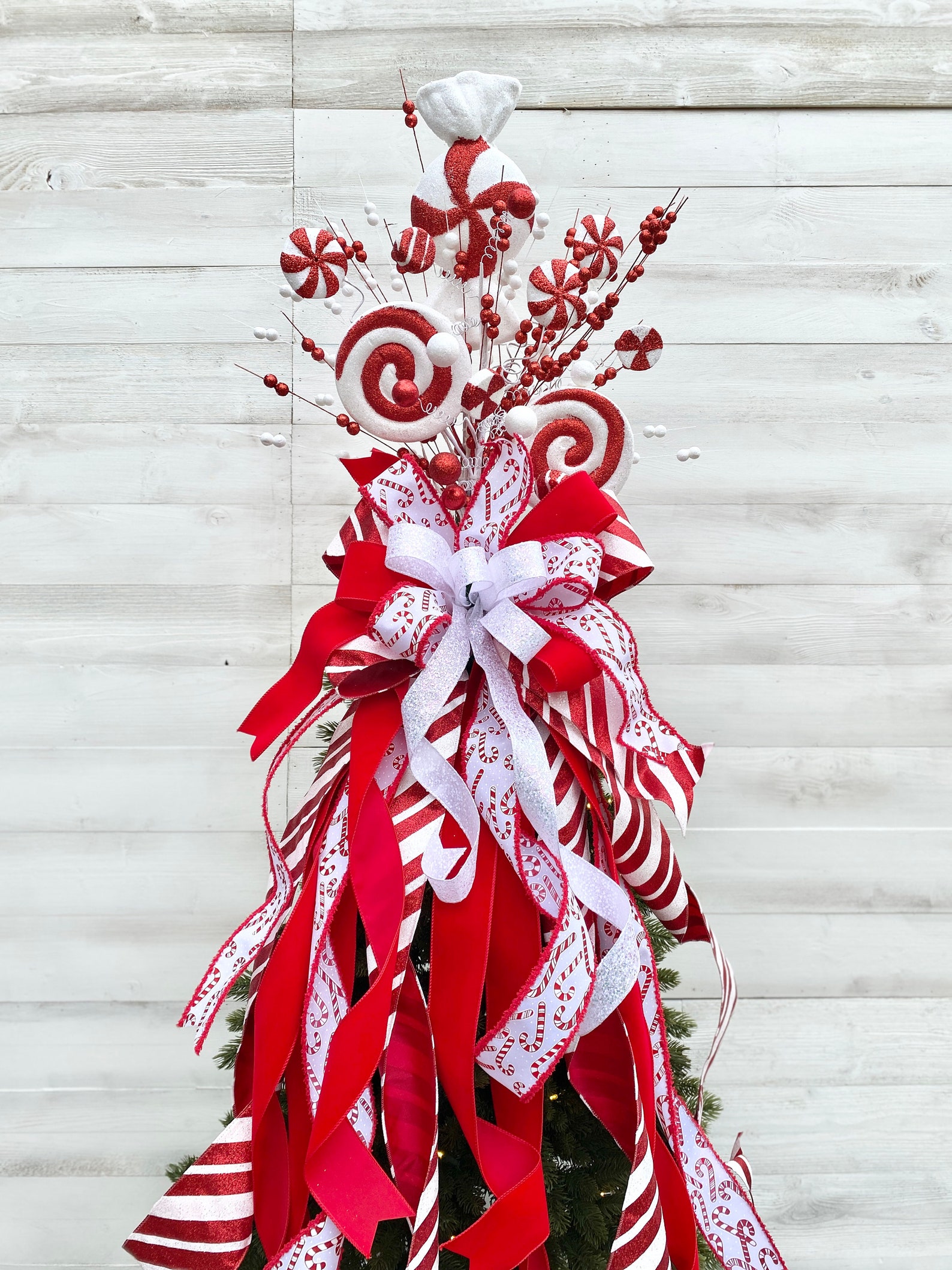 Candy Cane Themed Christmas Tree Topper With XL Bow Whimsical - Etsy