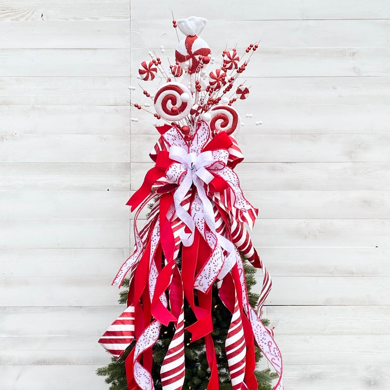 Candy Cane Themed Christmas Tree Topper With XL Bow Whimsical - Etsy