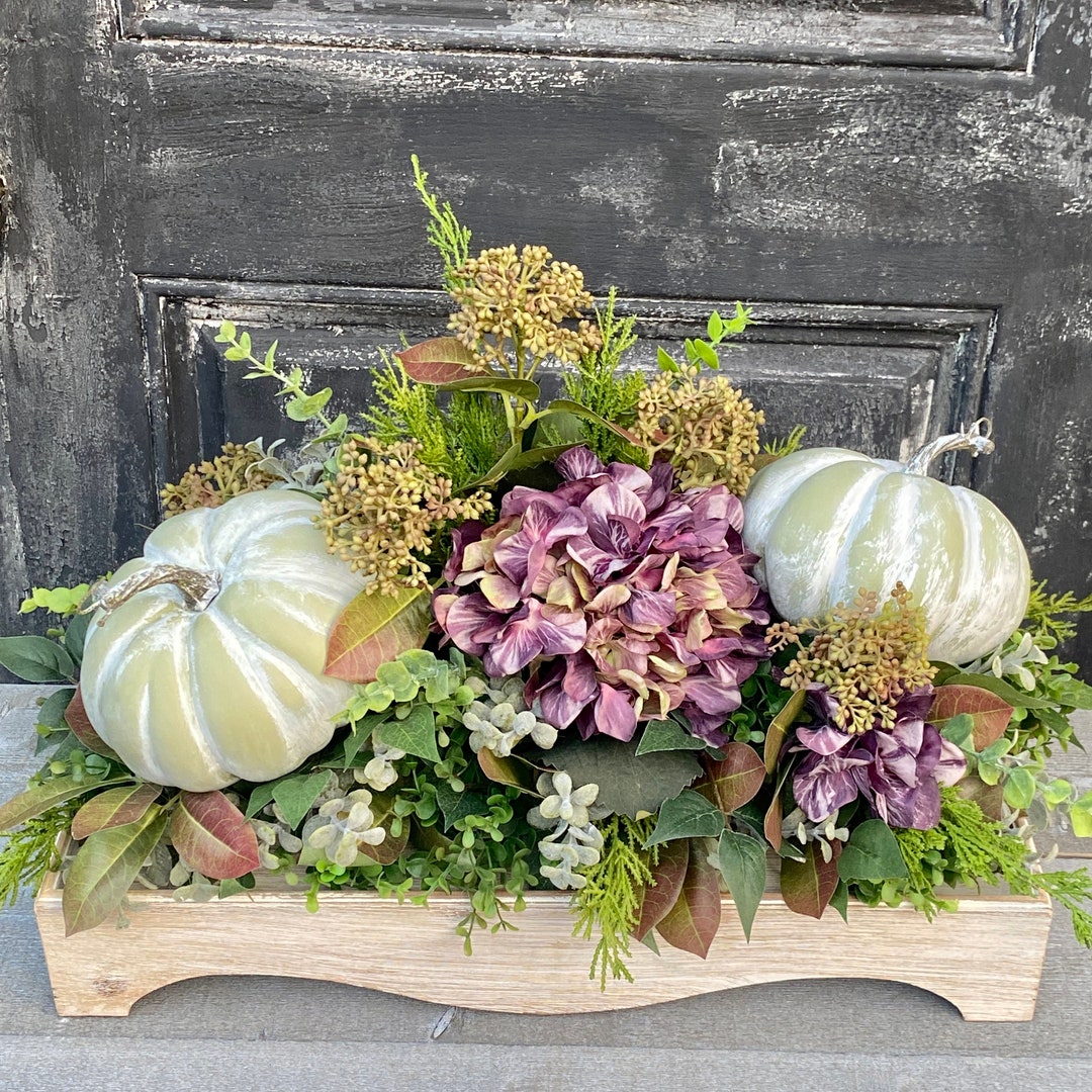XL Autumnal Rustic Faux Floral Centerpiece With Purple Hydrangea, Pumpkins, and Distressed Wood ...