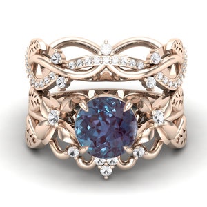 Art Deco Leaf Alexandrite Engagement Gold Ring Set Alexandrite - Etsy