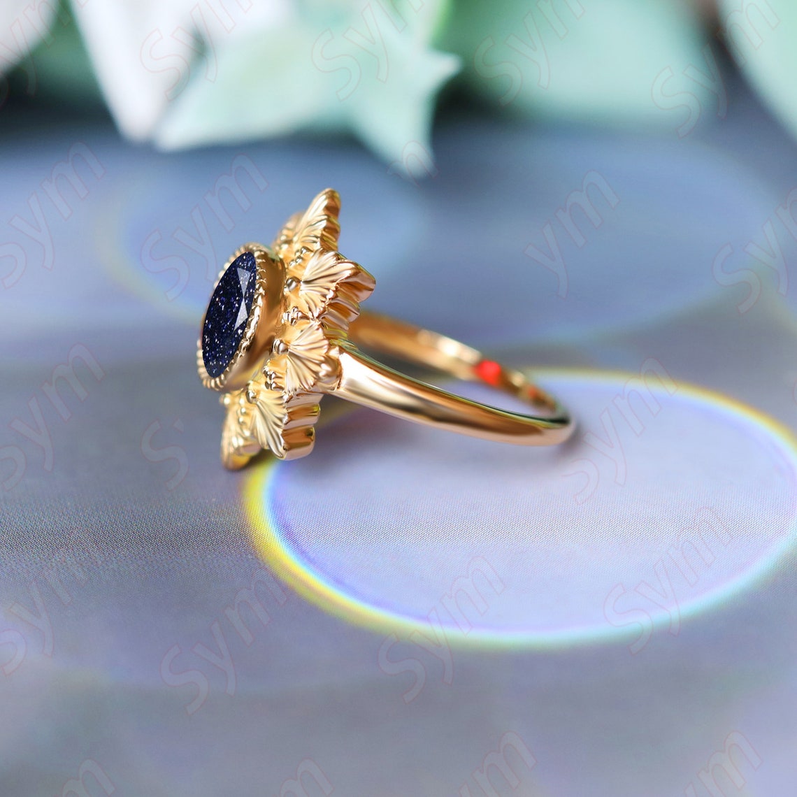 Natural Blue Sandstone Flower Engagement Ring, Round Shape Blue Stone ...