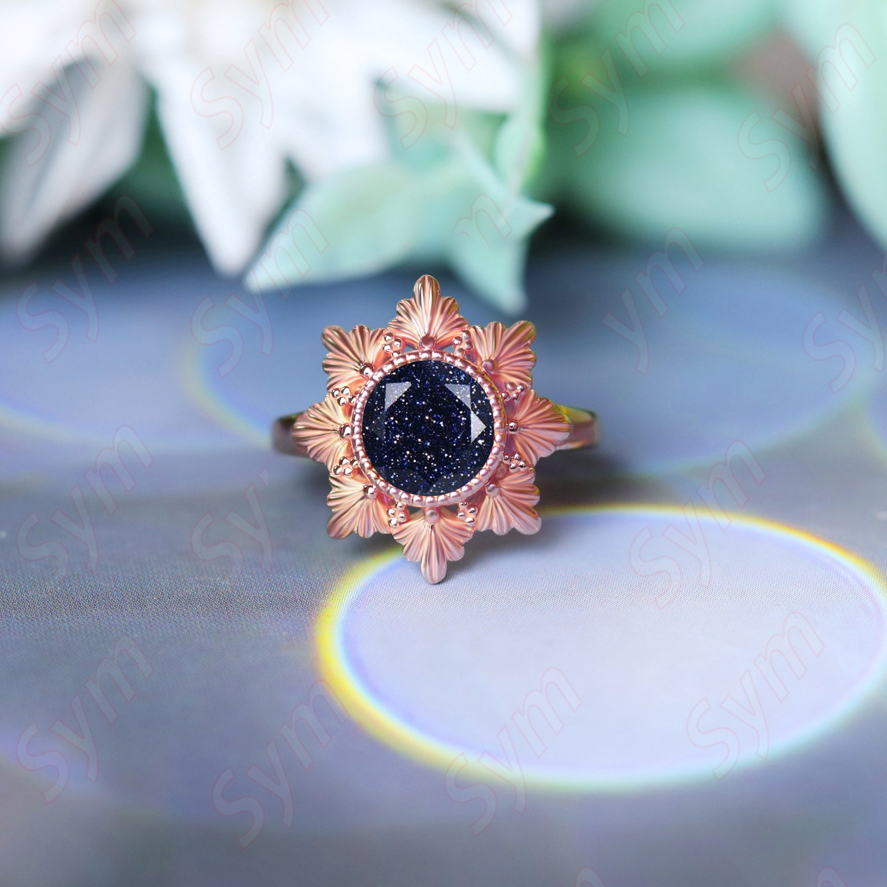 Natural Blue Sandstone Flower Engagement Ring, Round Shape Blue Stone ...