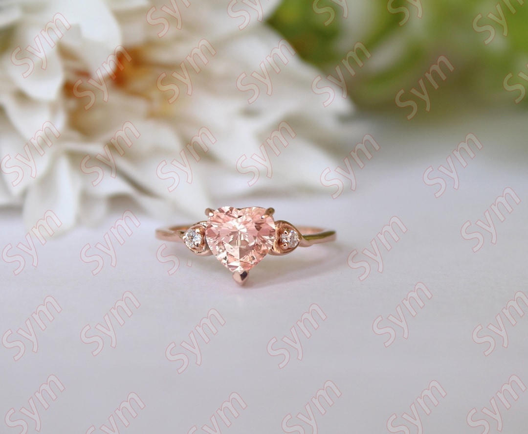Peach Morganite Heart Shape Engagement Ring for Woman, Unique Floral ...
