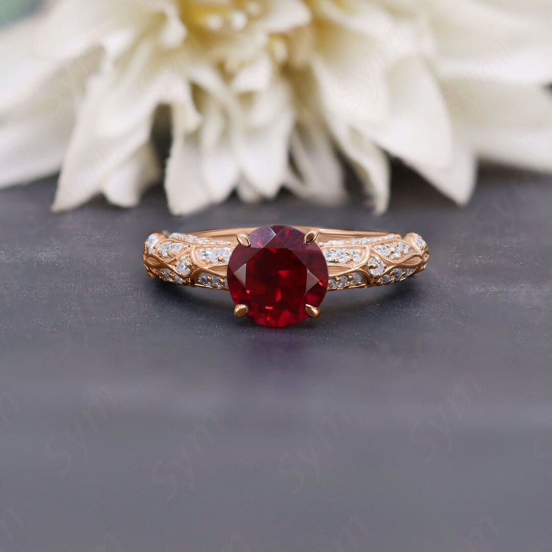 1.80 Cts. Round Shape Red Ruby Engagement Ring, Moissanite Pave Set in ...