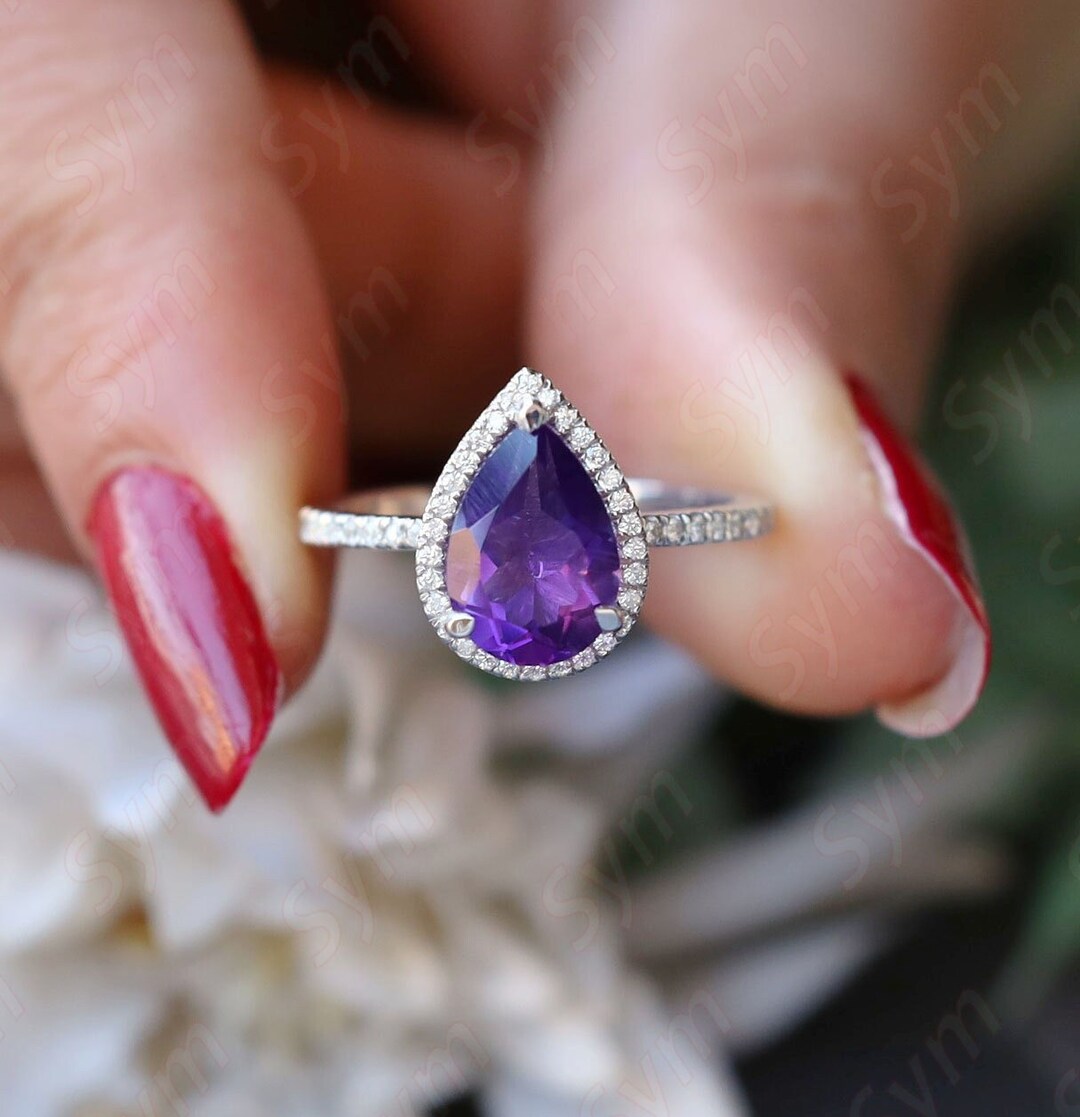 10x7mm Pear Shape Amethyst Engagement Ring Vintage Art Deco Purple ...