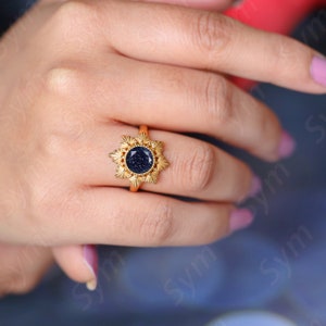 Natural Blue Sandstone Flower Engagement Ring, Round Shape Blue Stone ...