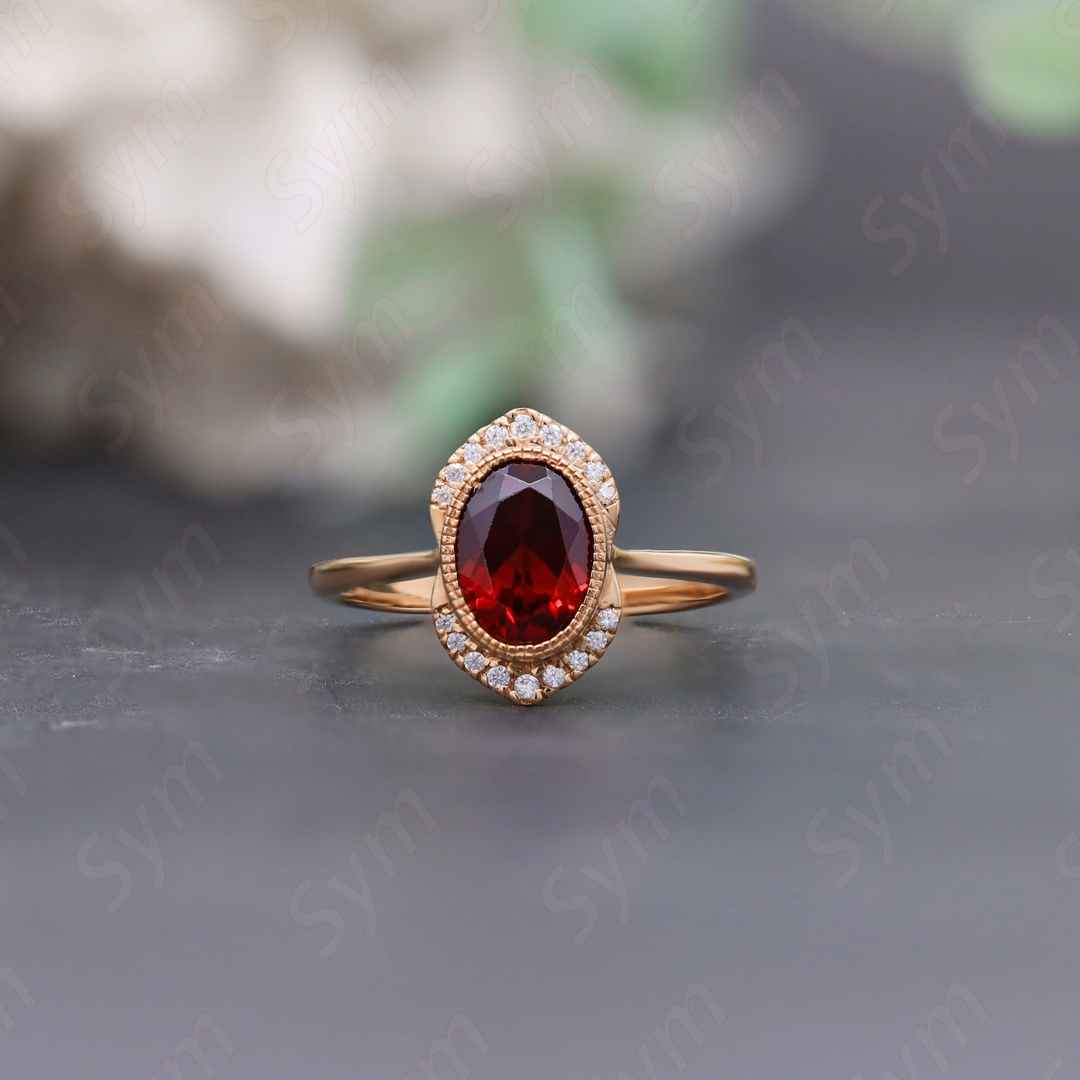 1.60 Cts. Natural AAA Red Garnet Engagement Ring, Moissanite Micro Set ...