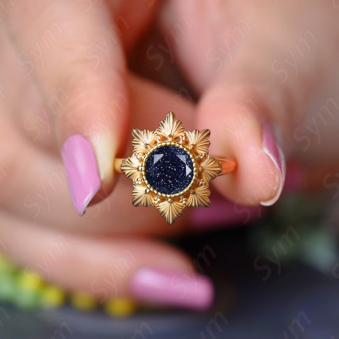 Natural Blue Sandstone Flower Engagement Ring, Round Shape Blue Stone ...