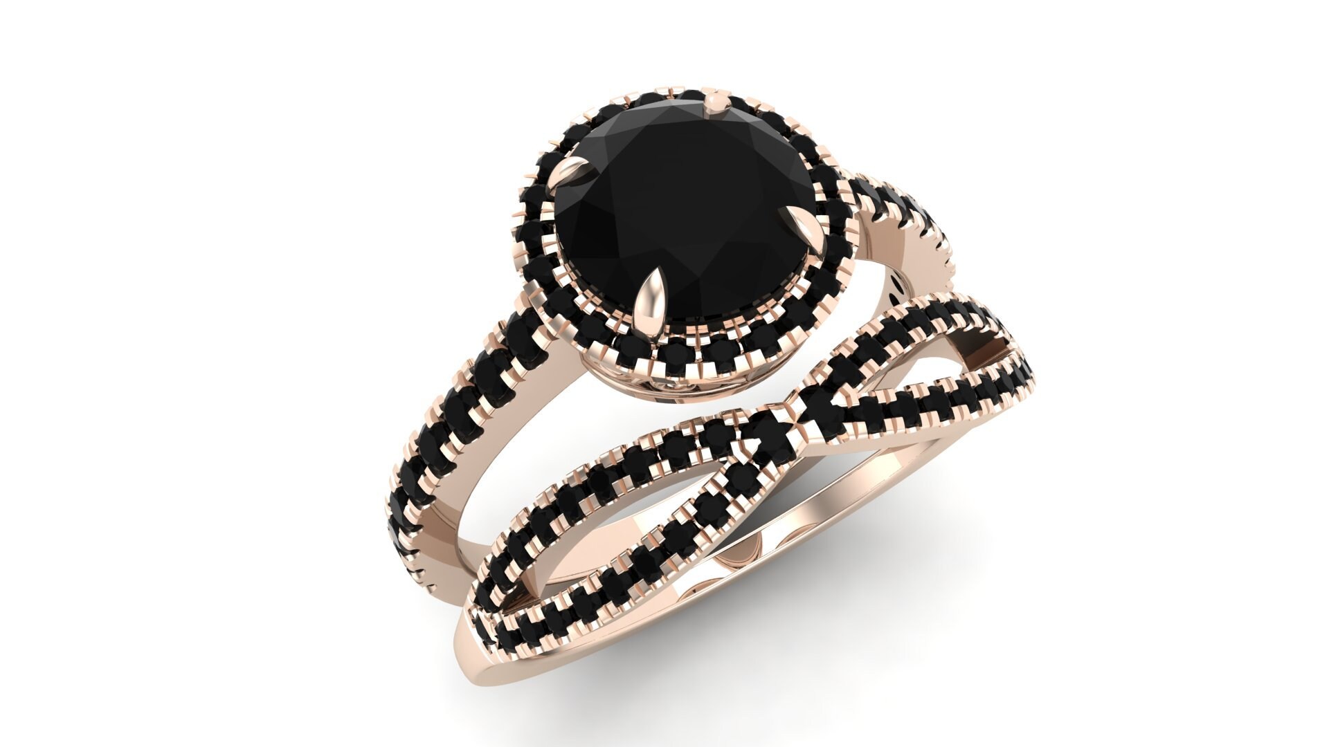 2.10 Cts Round Shape Black Onyx Engagement Ring Set Micro Set | Etsy