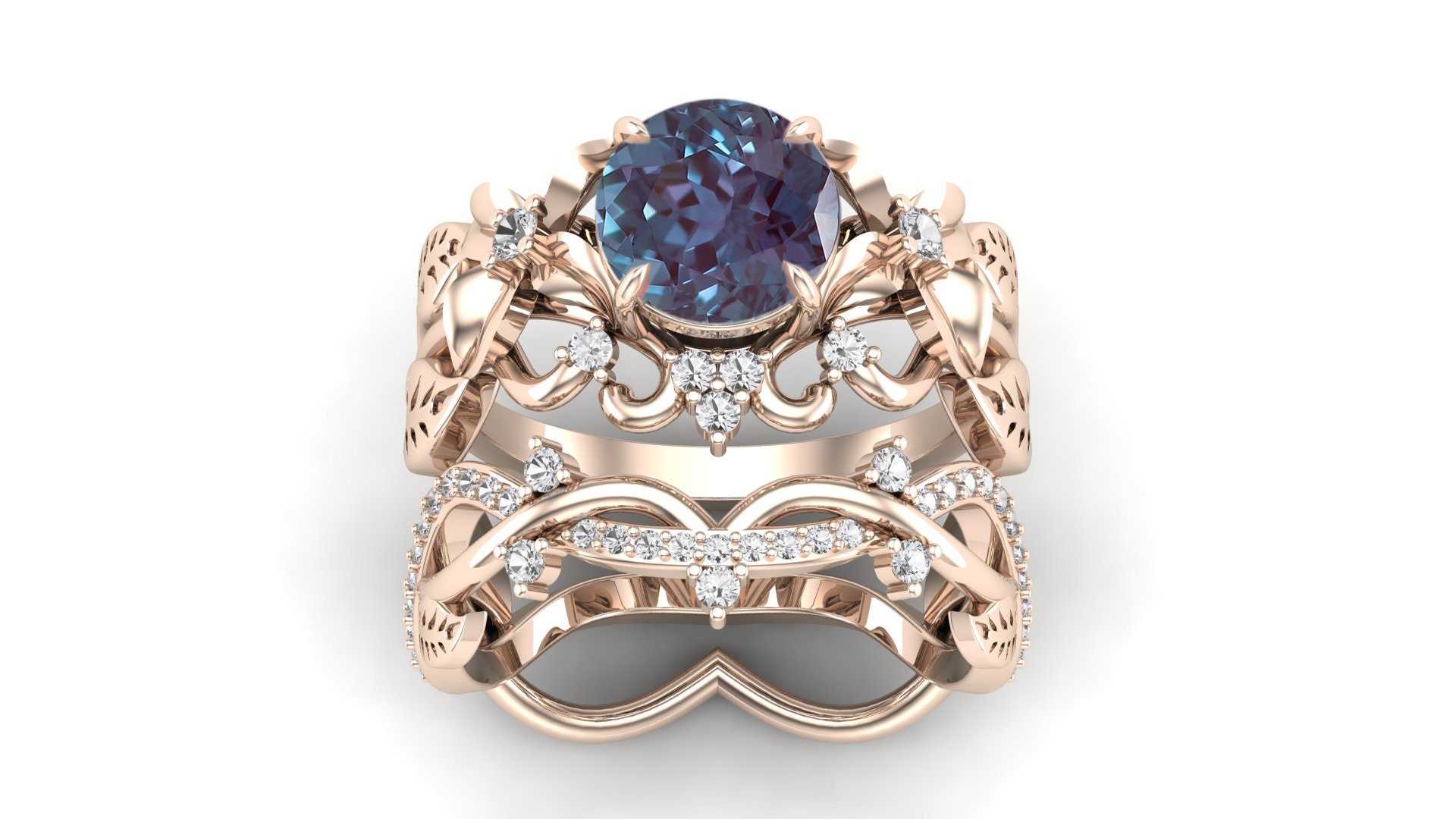 Art Deco Leaf Alexandrite Engagement Gold Ring Set Alexandrite | Etsy