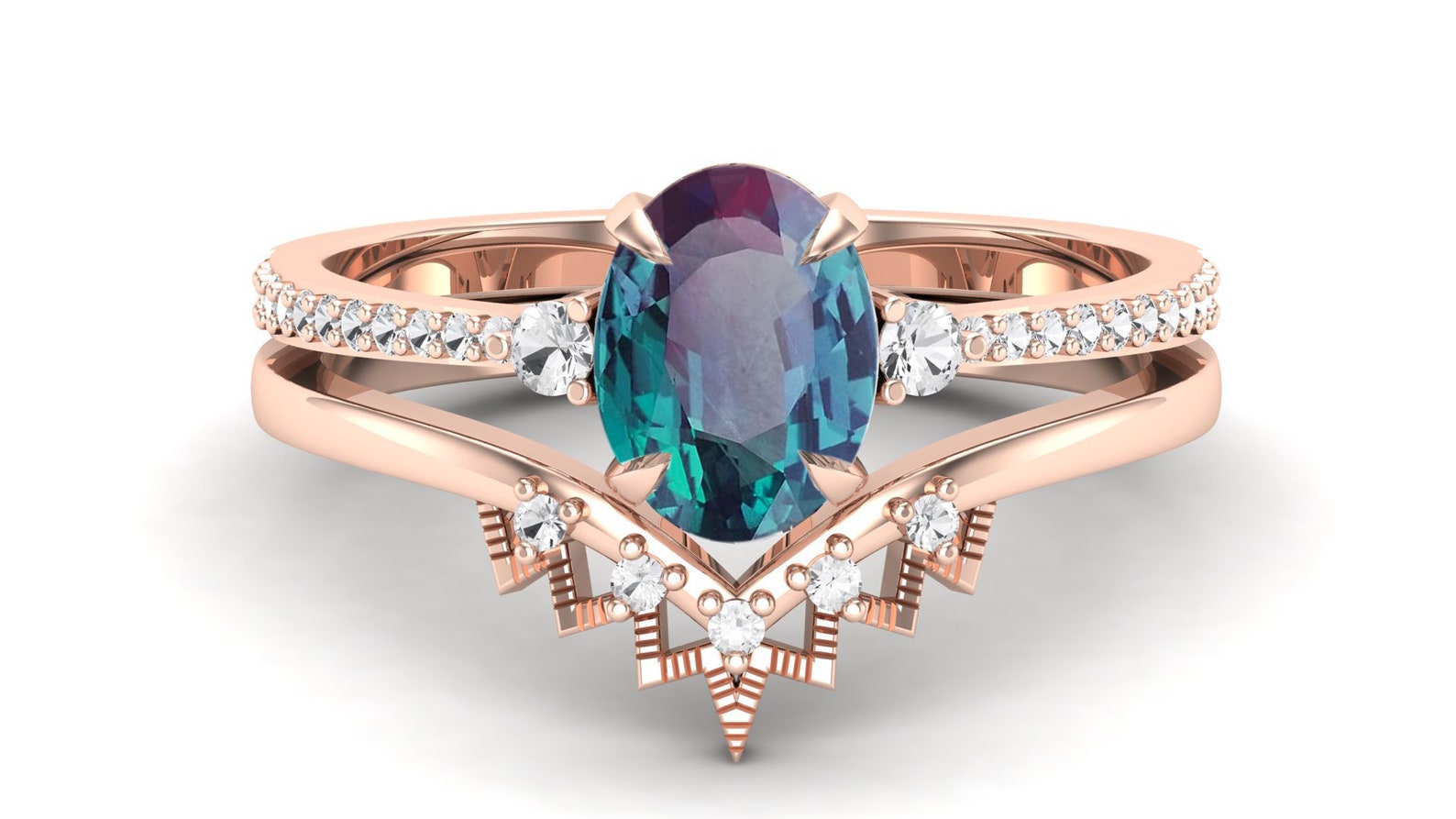 1.53 Ct Alexandrite Engagement Ring Set ,pave Set Moissanite in 14k ...