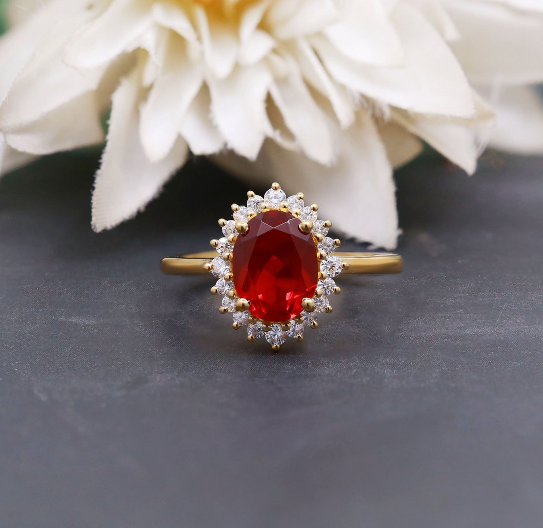 Oval Shape Red Garnet Engagement Ring, Moissanite Halo Ring, Vintage ...