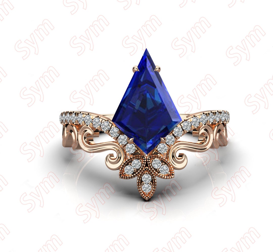 Kite Shape Blue Sapphire Wedding Gold Ring, Vintage Blue Sapphire ...