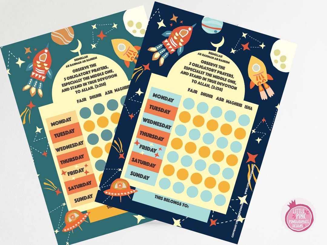 Space & Rockets Muslim Children Prayer Chart - Reusable Double-sided ...