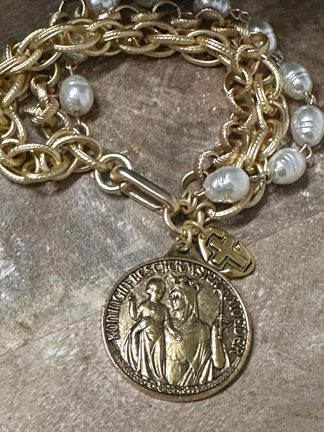 Blessed Mother Mary Bracelet: Gold Chain, Pearl Rosary, Catholic Charm ...