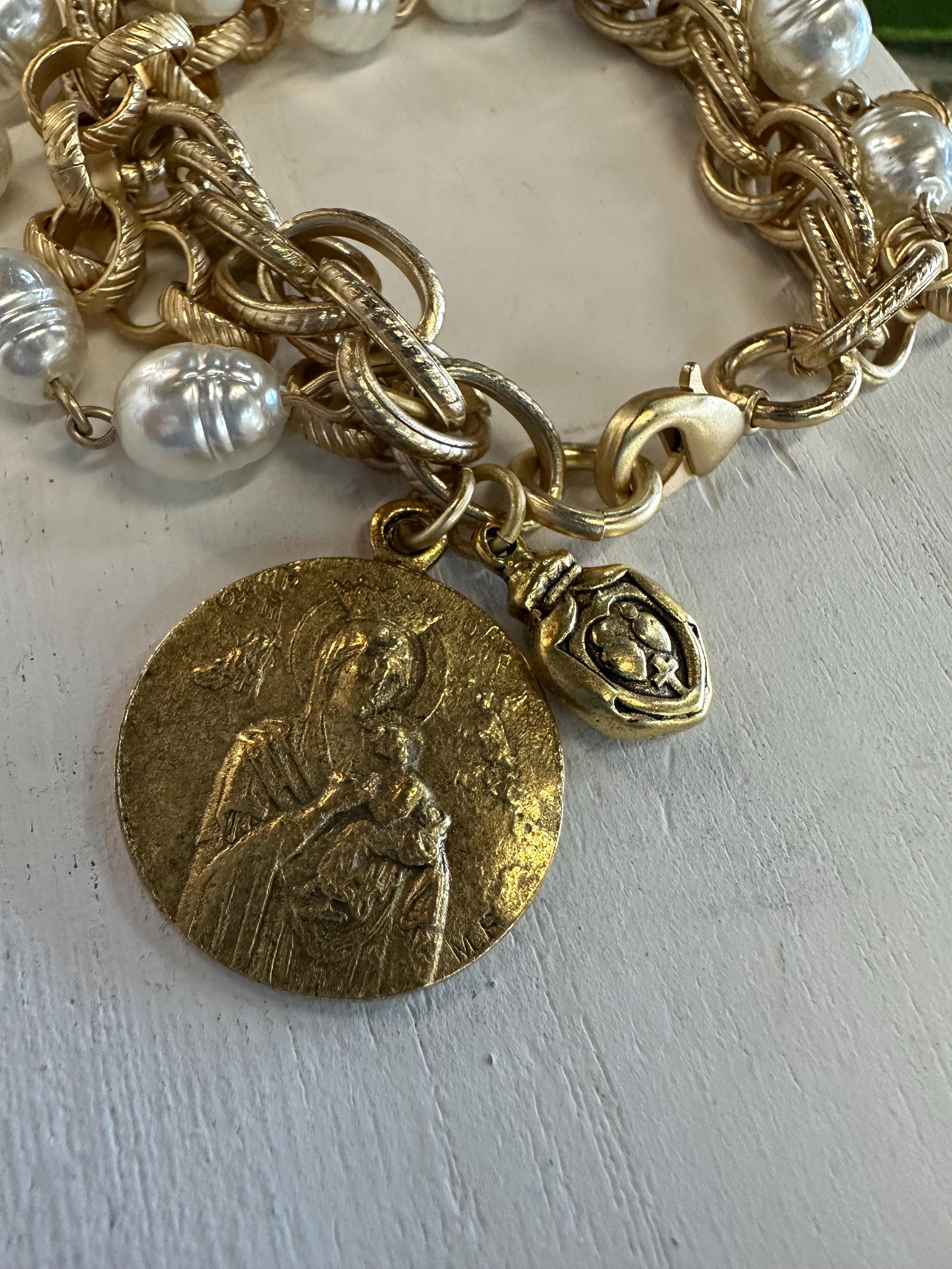 Our Lady of Perpetual Help Bracelet: Gold Chain, Pearl Rosary Beads ...
