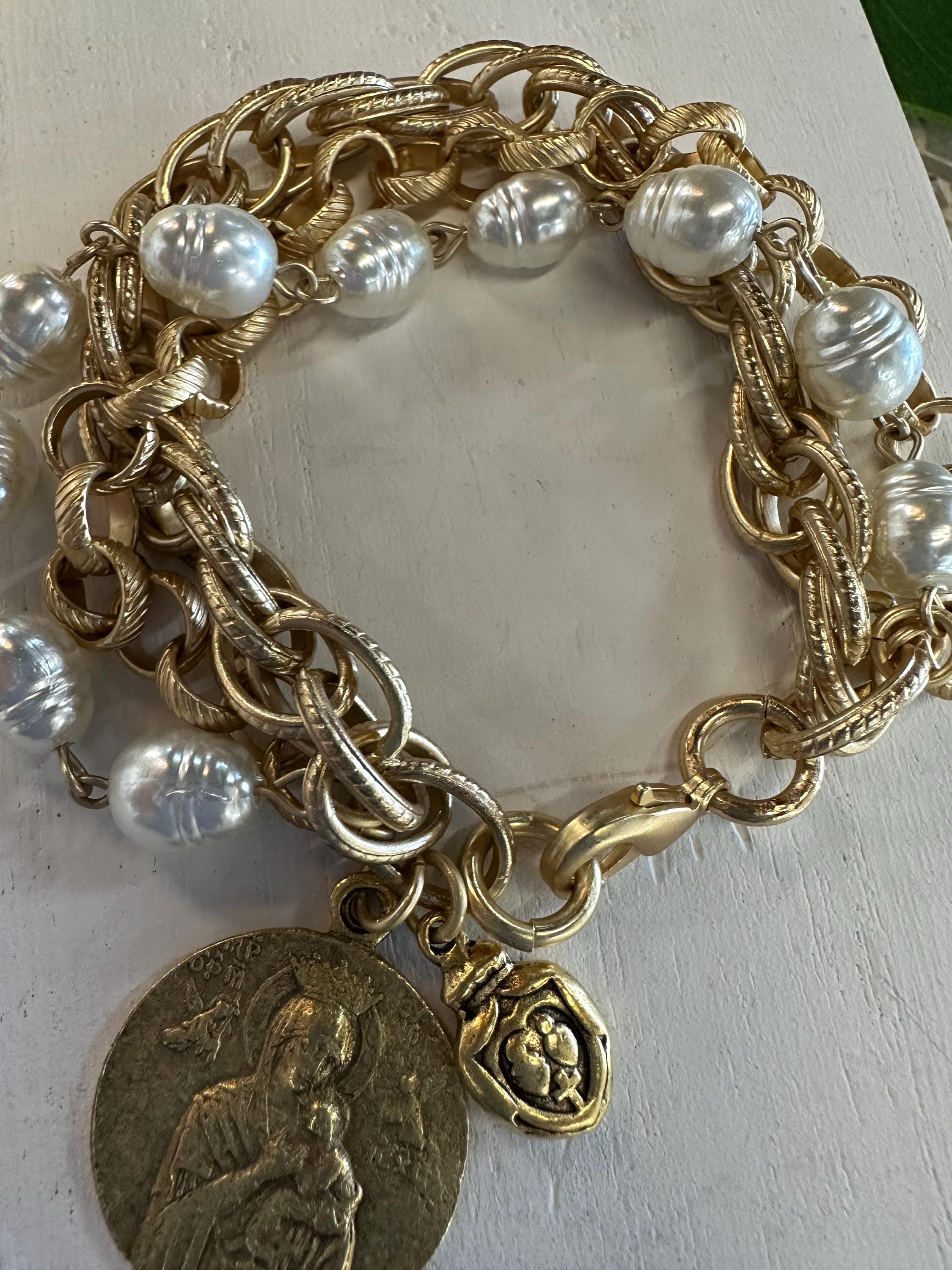 Our Lady of Perpetual Help Bracelet: Gold Chain, Pearl Rosary Beads ...