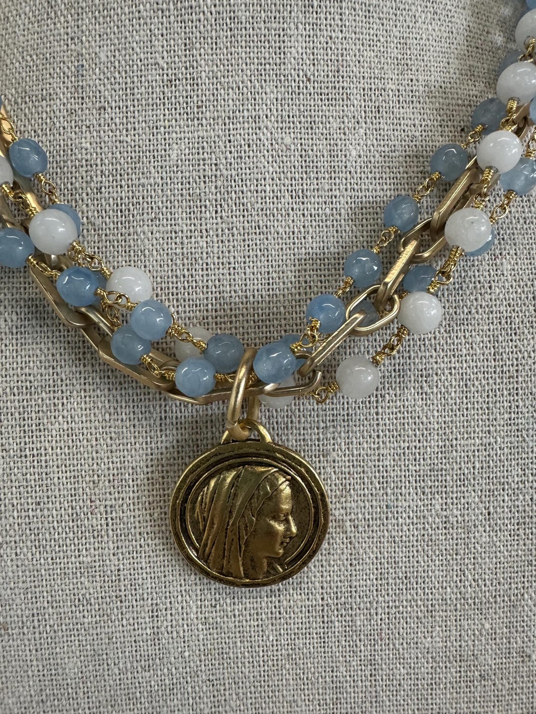 Virgin Mary Medal Necklace: Jade Gemstone Beads, Satin Gold Chain - Etsy