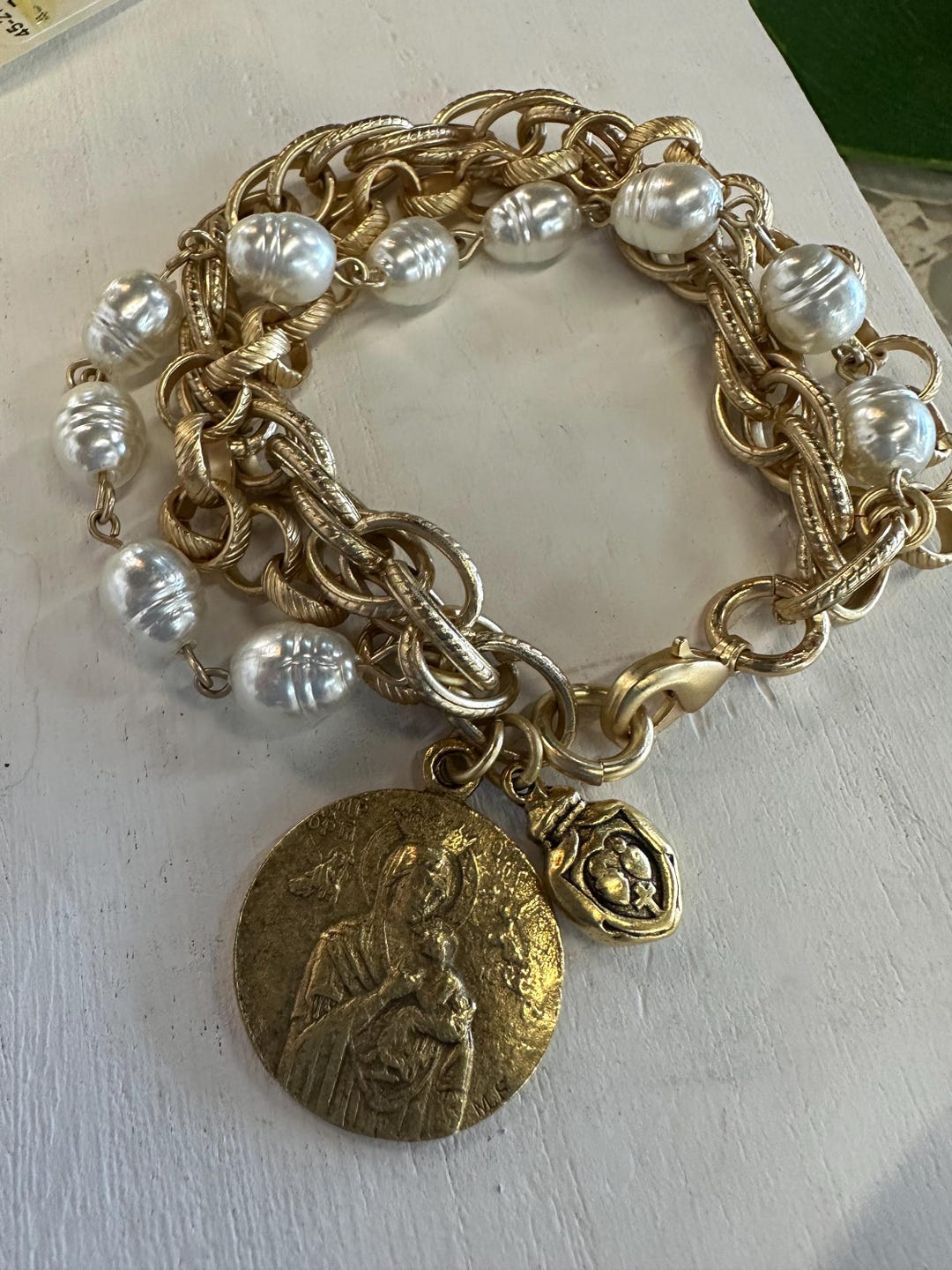 Our Lady of Perpetual Help Bracelet: Gold Chain, Pearl Rosary Beads ...