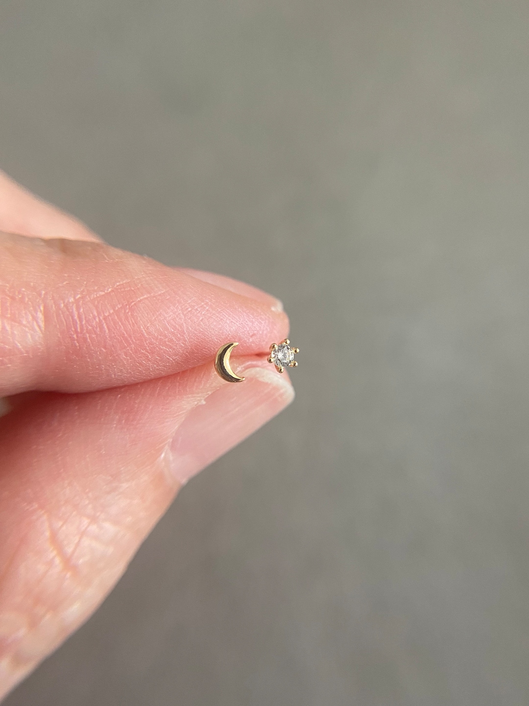 10K Solid Gold/ Tiny Crescent Moon and Star Stud Earrings 10K Solid ...