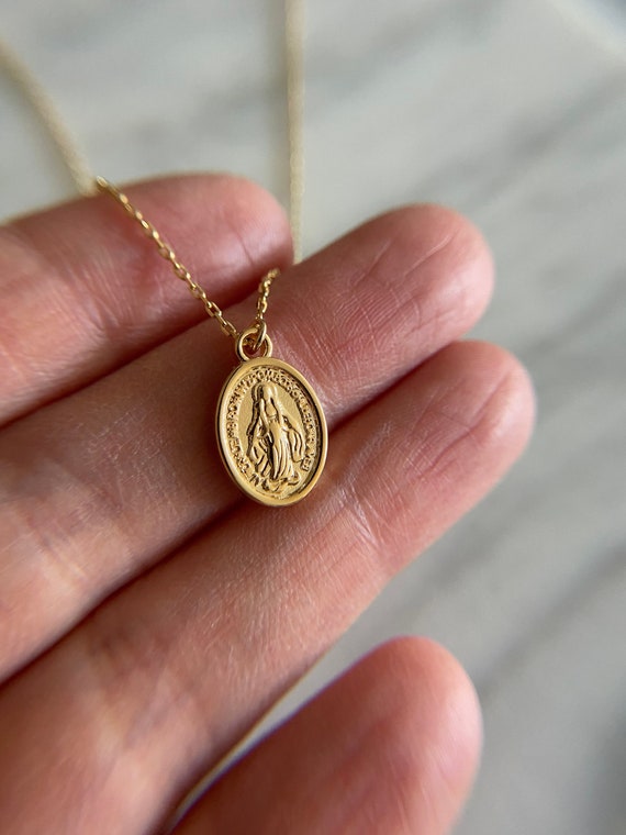Gold Tiny Mini Virgin Mary Coin Necklace Brass Over 18K Gold | Etsy